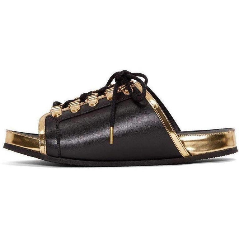 Balmain Black Gold Lace up Sliders Men Leather Sandals For Sale at 1stDibs