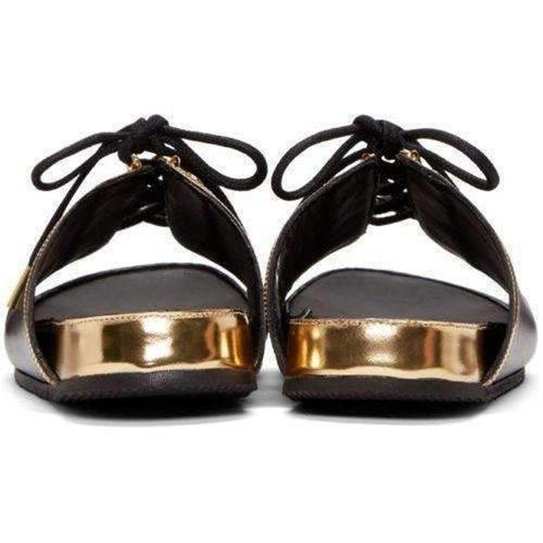 Balmain Black Gold Lace up Sliders Men Leather Sandals For Sale at 1stDibs