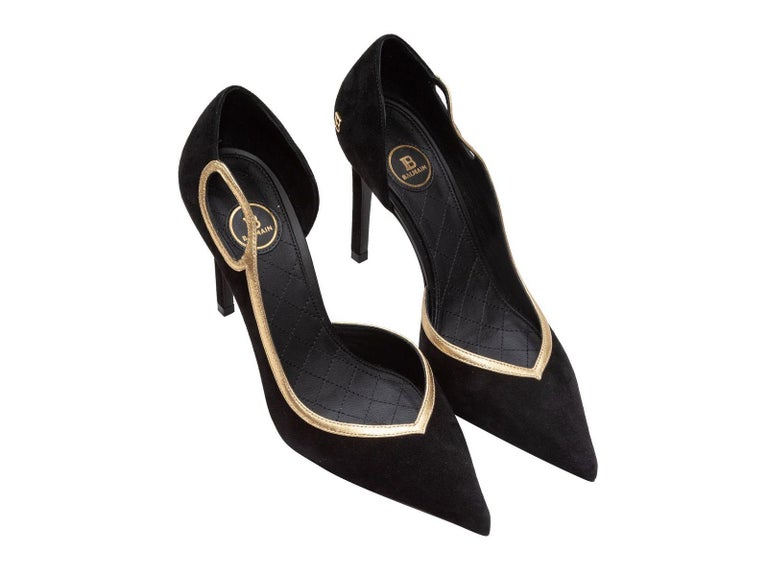 Balmain Black and Gold Suede Pointed-Toe Pumps For Sale at 1stDibs