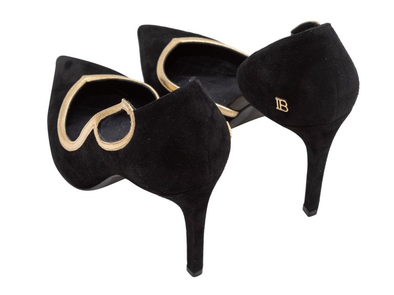 Balmain Black and Gold Suede Pointed-Toe Pumps For Sale at 1stDibs