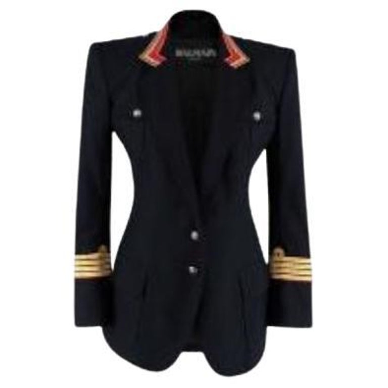Balmain Black and Gold Wool Blend Military Style Blazer For Sale at 1stDibs