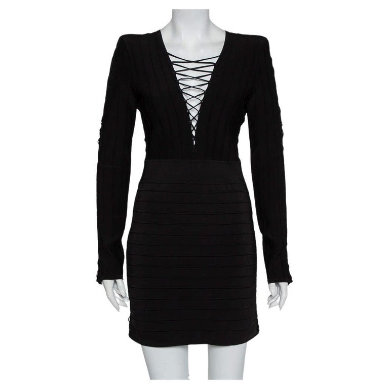 Balmain Black Knit Lace Up Detail Mini Dress M For Sale at 1stDibs