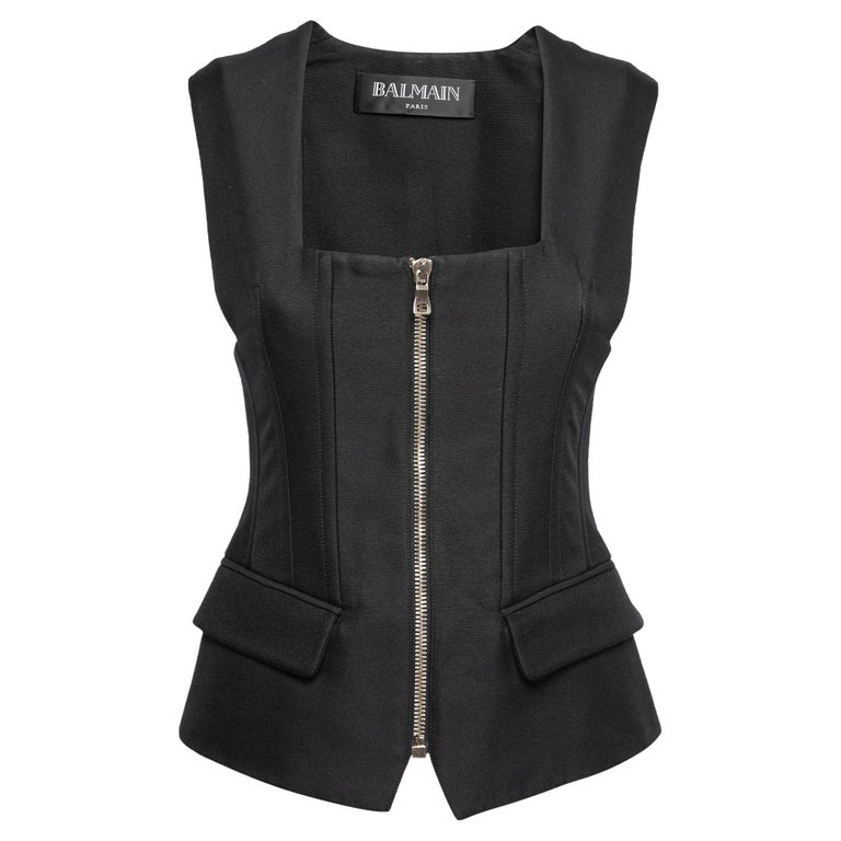 Balmain Black Knit Pocket Detail Zip Front Sleeveless Jacket M For Sale ...