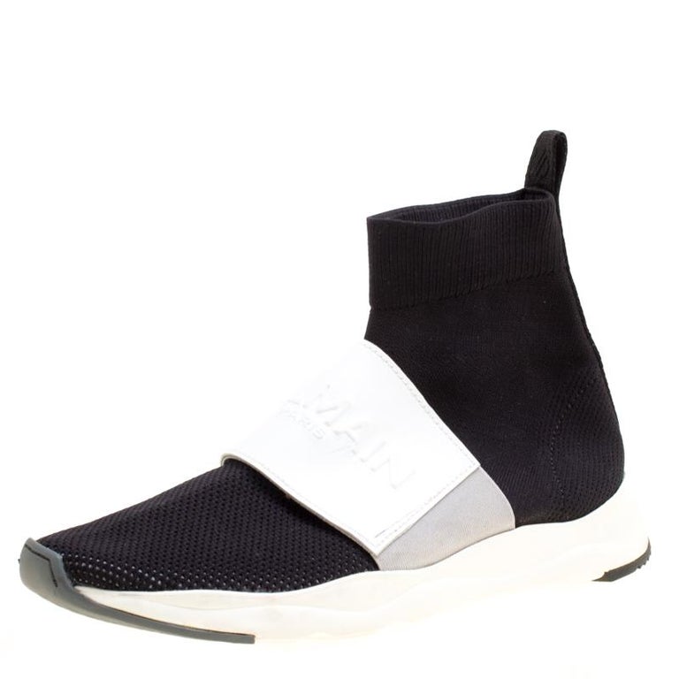 Balmain Black Stretch Knit And Mesh Cameron Embossed Logo High Top ...