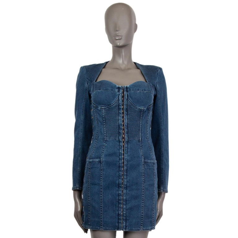 BALMAIN blue cotton denim JEANS LACE-UP MINI Dress 40 For Sale at ...