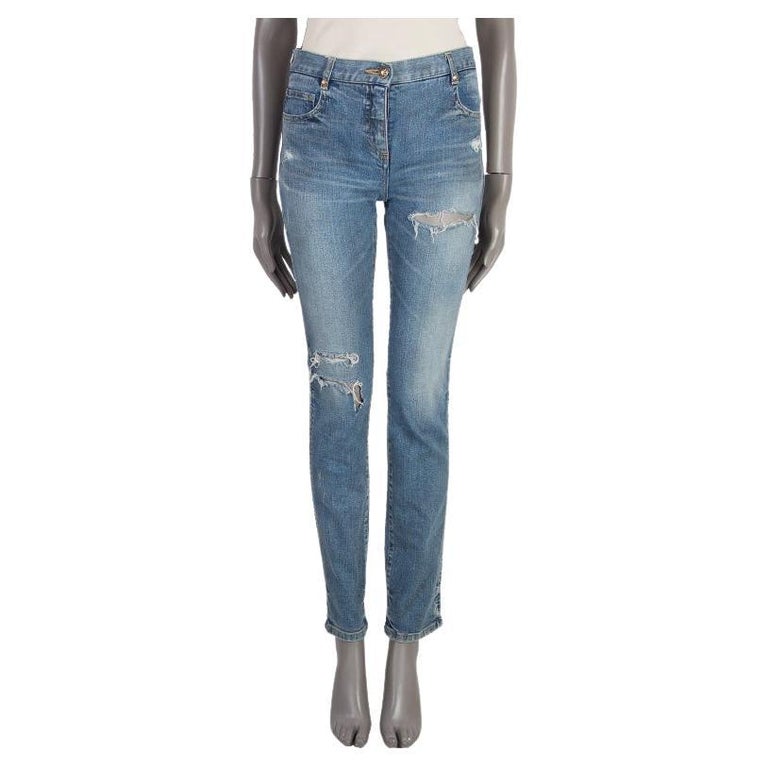 BALMAIN blue cotton DISTRESSED DENIM Jeans Pants 36 XS For Sale at 1stDibs