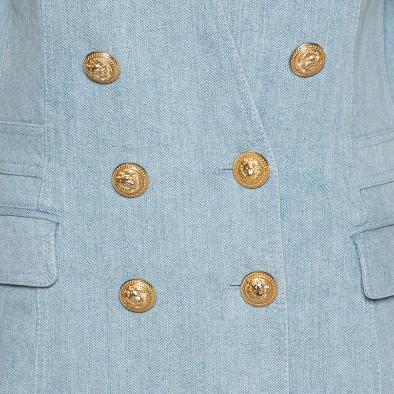 Balmain Blue Denim Double Breasted Mini Dress L For Sale at 1stDibs