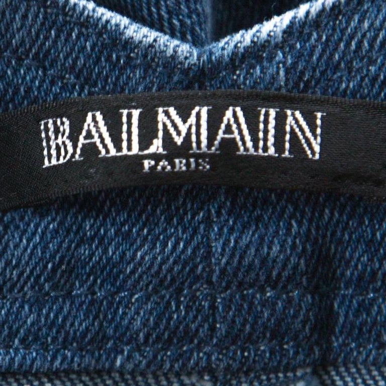 Balmain Blue Denim Medium Wash Gold Button Detail High Waist Flared ...