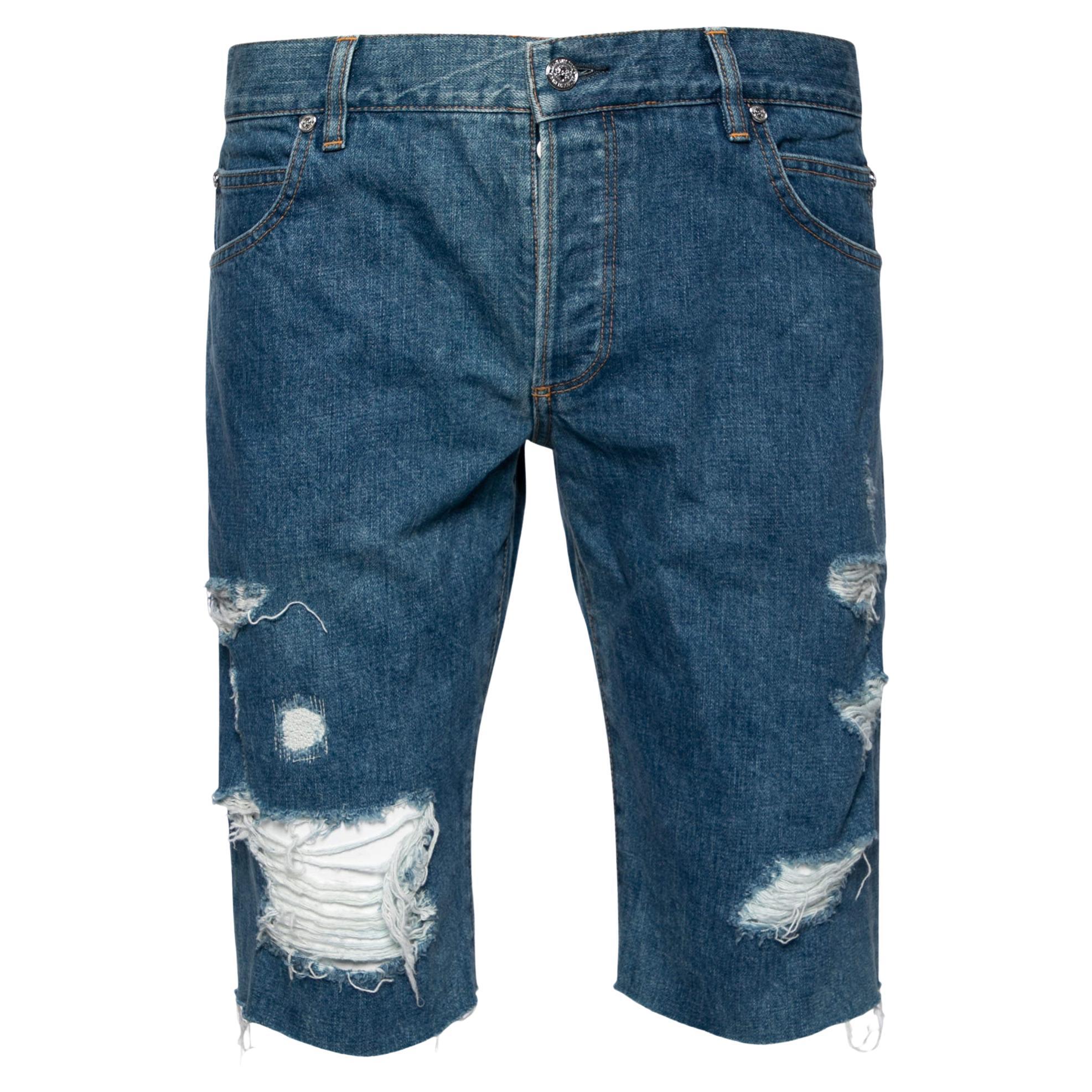 Balmain Blue Distressed Denim Frayed Edged Shorts M For Sale at 1stDibs