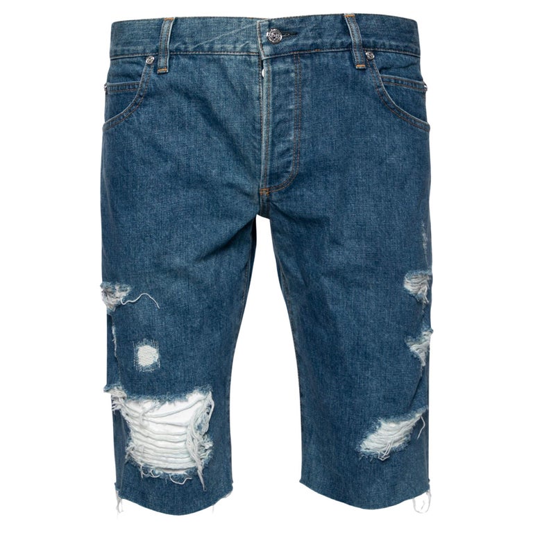Balmain Blue Distressed Denim Frayed Edge Detail Shorts M For Sale at ...