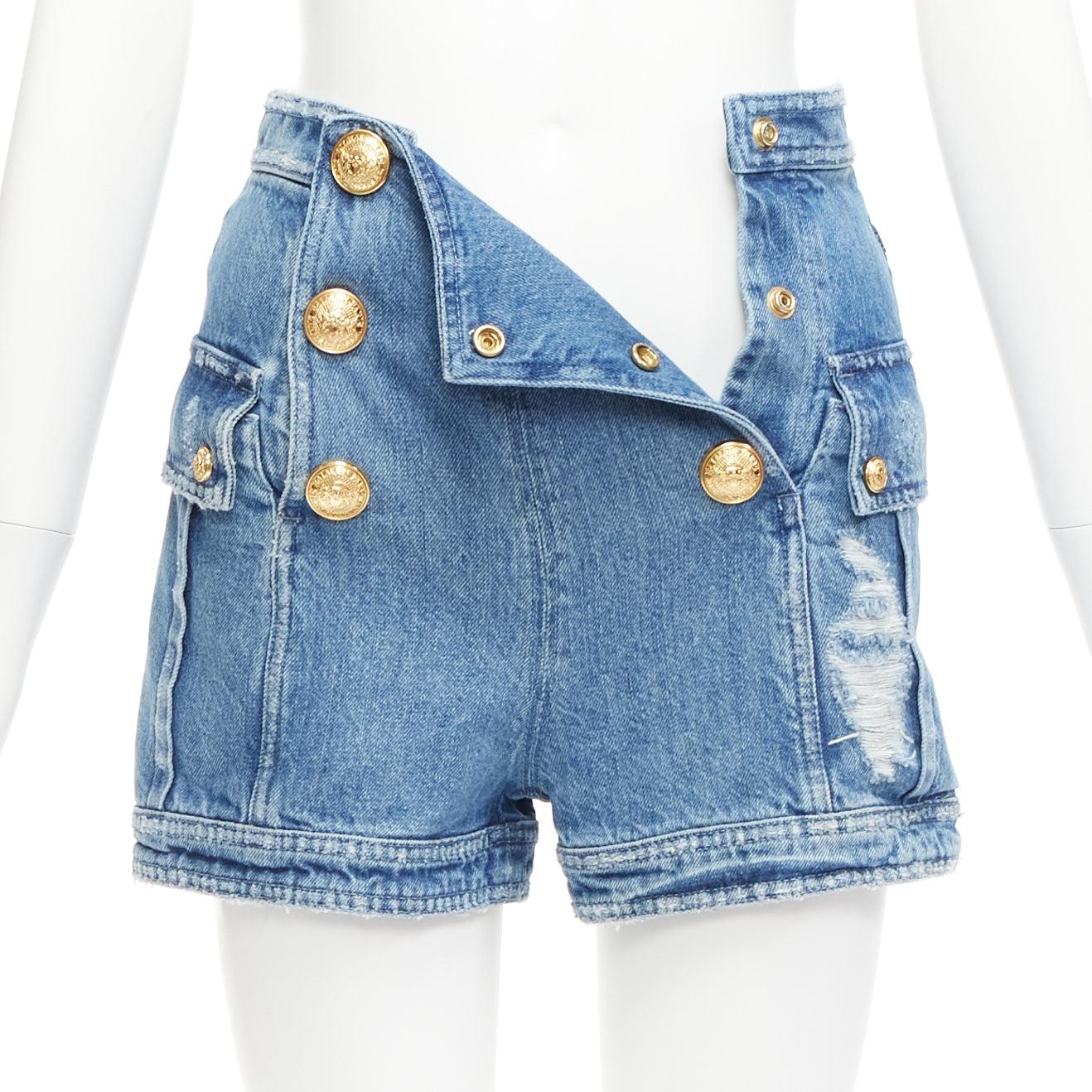 BALMAIN blue distressed denim gold buttons high waisted cargo shorts ...