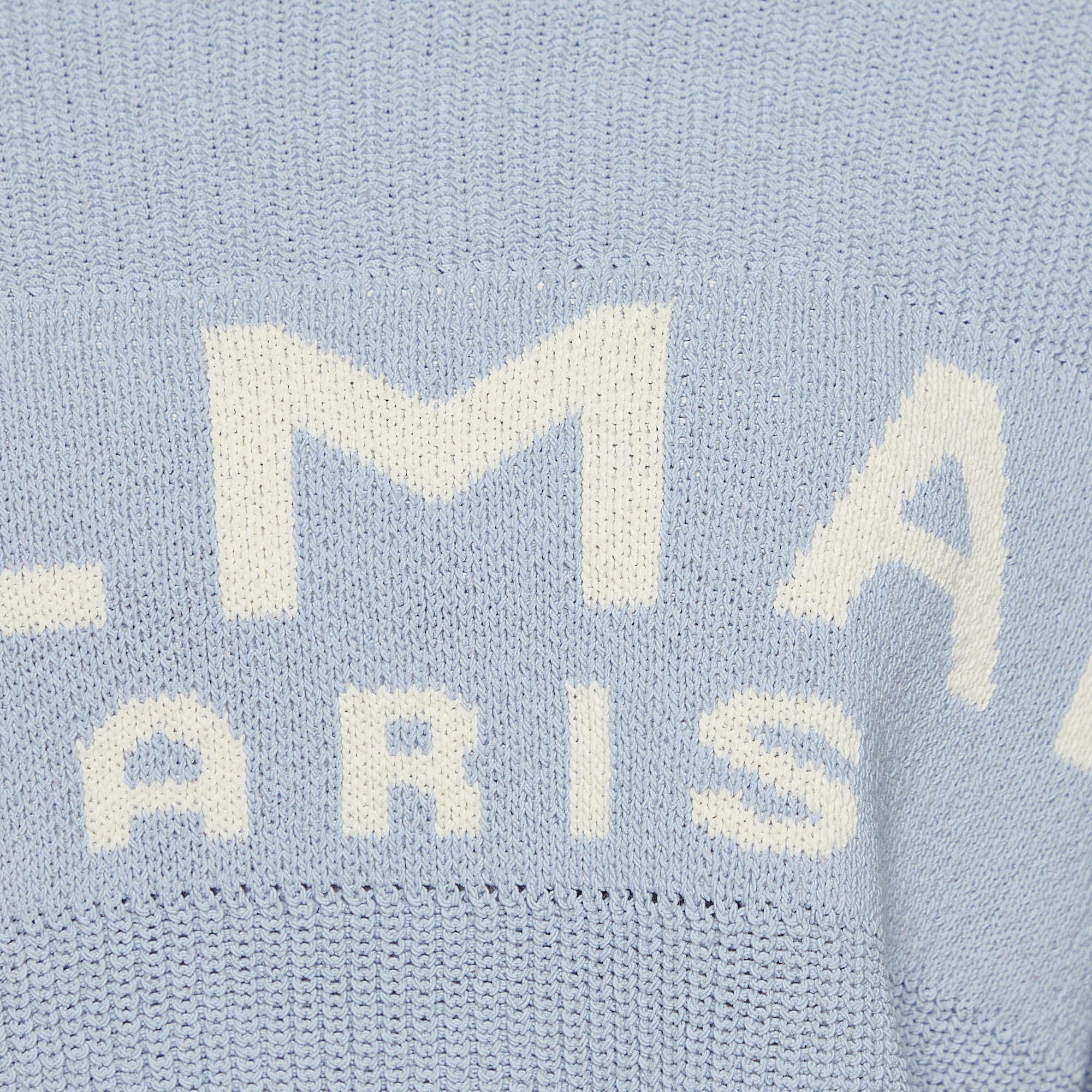 Balmain Blue Logo Intarsia Knit Cropped Off Shoulder Pullover L For ...