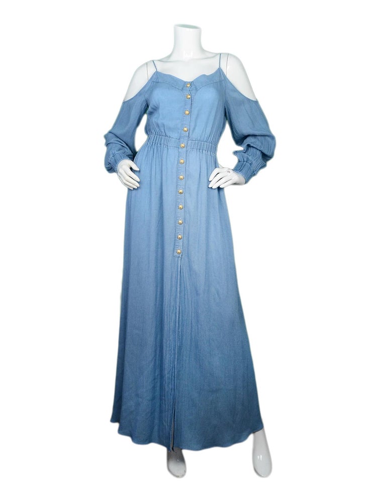 Balmain Blue Off-The-Shoulder Button Down Maxi Dress Sz FR34/US2 For ...