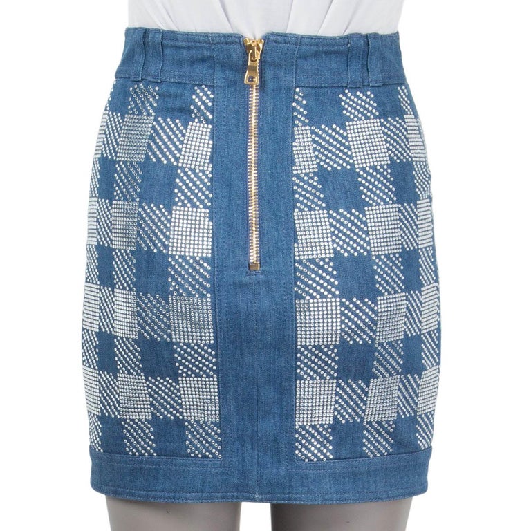 BALMAIN blue STRASS CHECK DENIM MINI Skirt 36 XS For Sale at 1stDibs