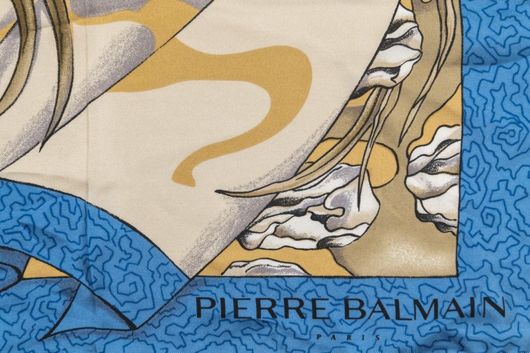 Balmain Blue Vintage Floral Silk Scarf For Sale at 1stDibs