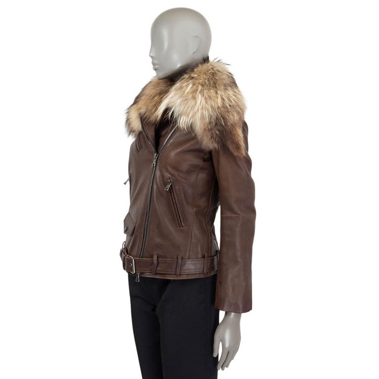 BALMAIN brown leather RACCON FUR TRIM AVIATOR Jacket 38 S For Sale at ...