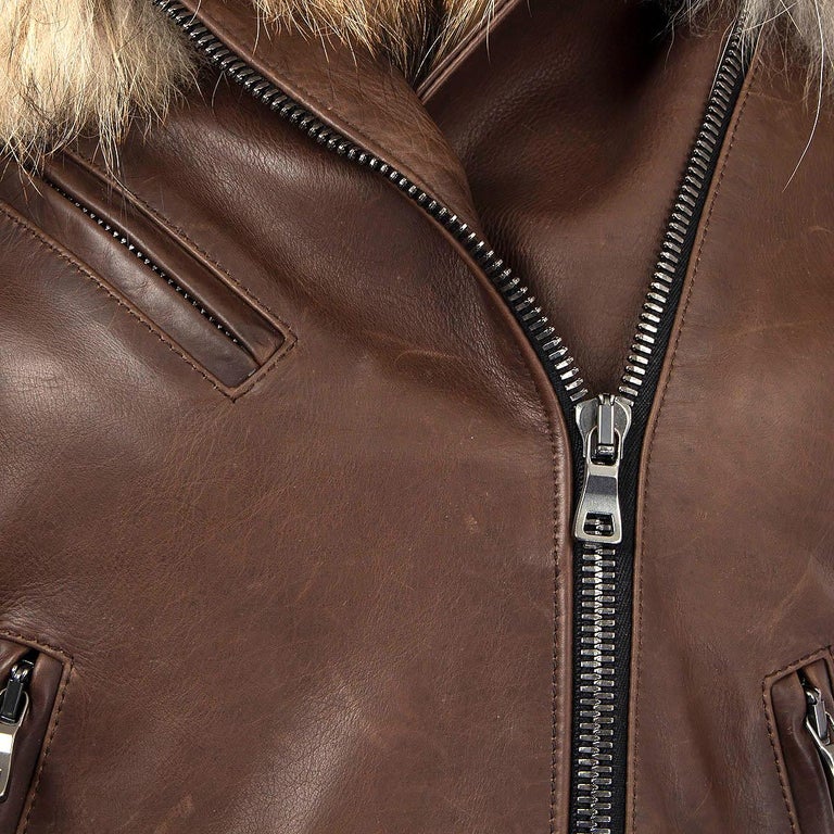 BALMAIN brown leather RACCON FUR TRIM AVIATOR Jacket 38 S For Sale at ...