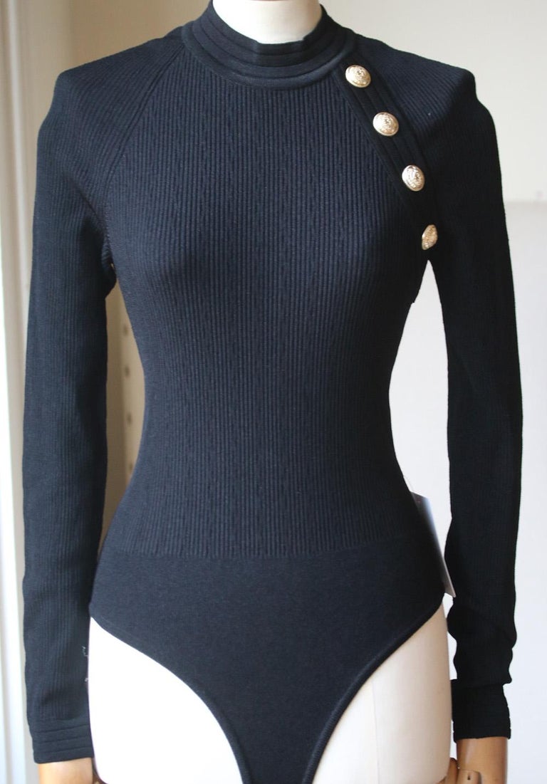 Balmain Button-Embellished Ribbed Stretch-Knit Bodysuit at 1stDibs