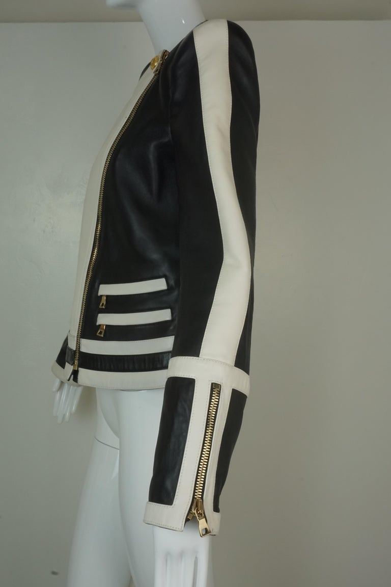 Balmain Color Block Leather Motorcycle Jacket For Sale at 1stDibs