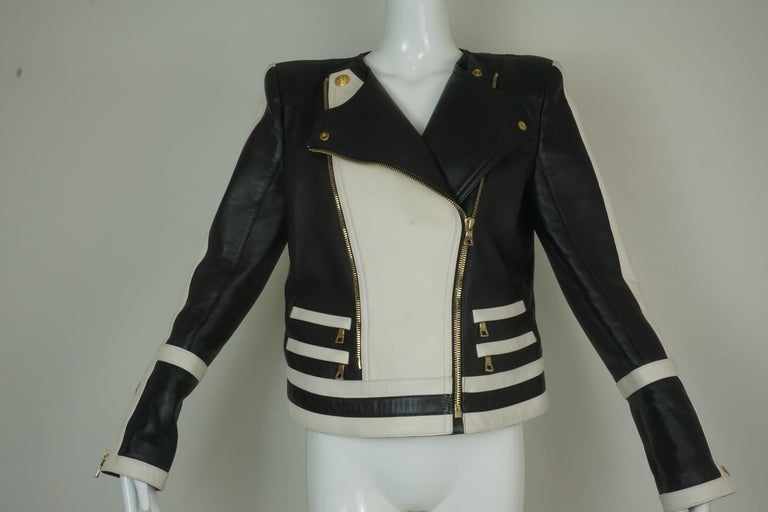 Balmain Color Block Leather Motorcycle Jacket For Sale at 1stDibs