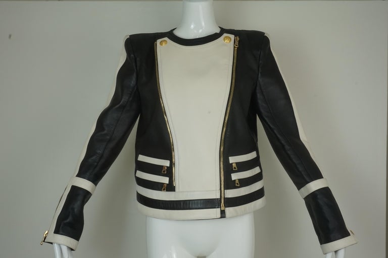 Balmain Color Block Leather Motorcycle Jacket For Sale at 1stDibs
