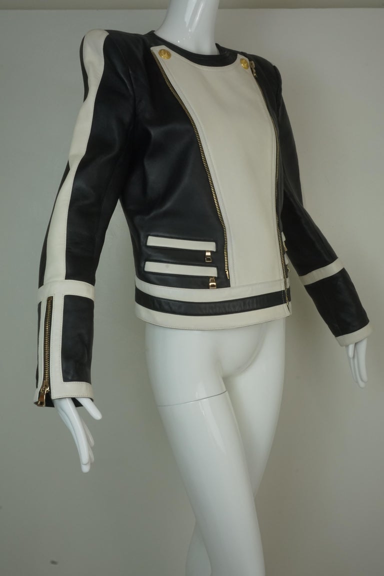 Balmain Color Block Leather Motorcycle Jacket For Sale at 1stDibs