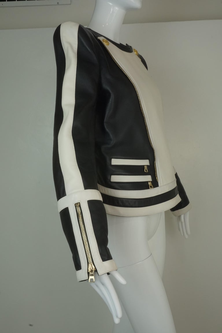 Balmain Color Block Leather Motorcycle Jacket For Sale at 1stDibs