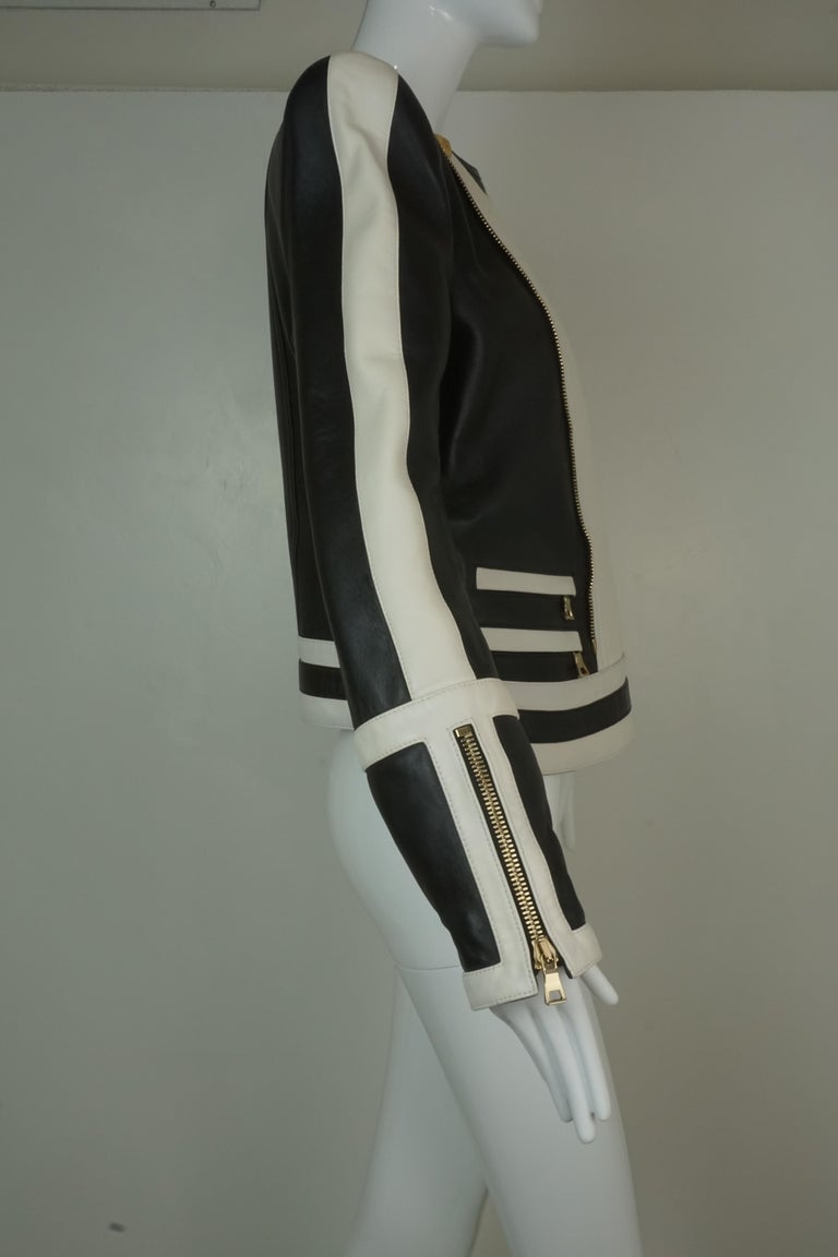 Balmain Color Block Leather Motorcycle Jacket For Sale at 1stDibs