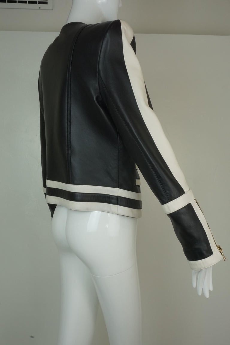 Balmain Color Block Leather Motorcycle Jacket For Sale at 1stDibs