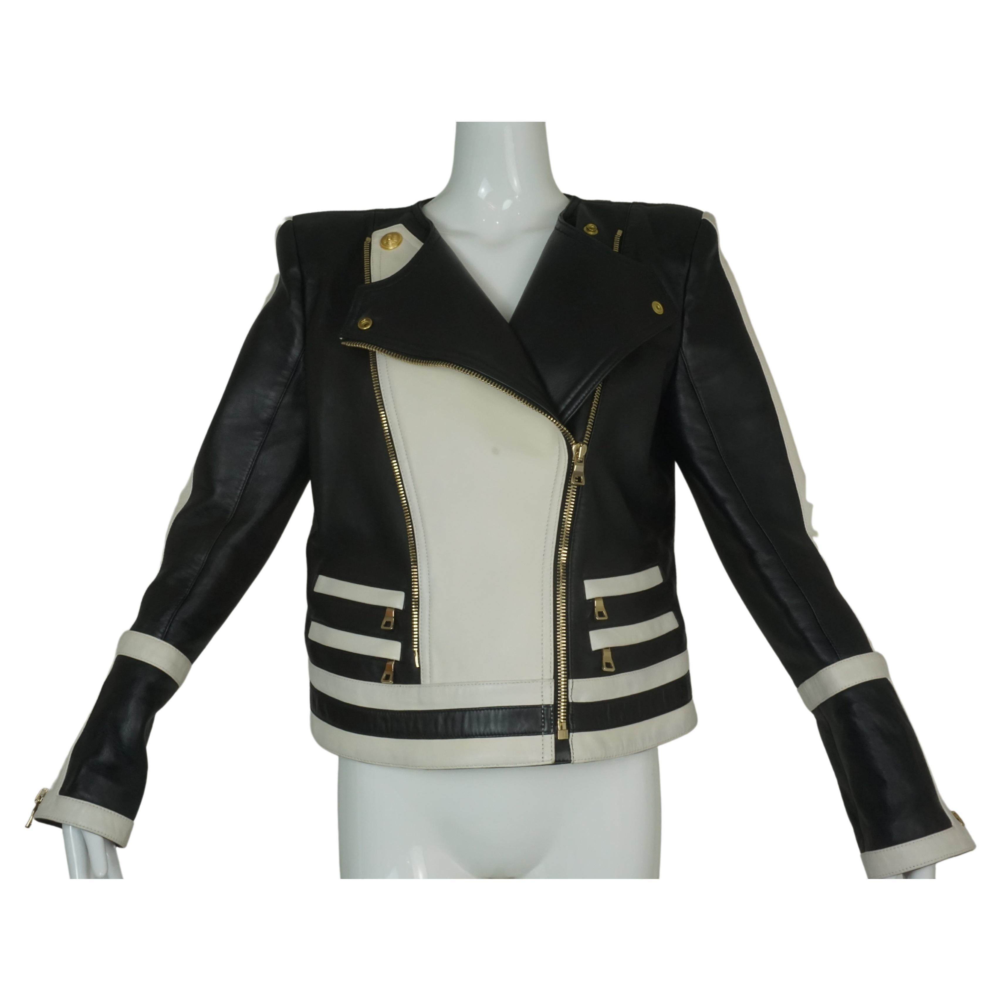 Balmain Color Block Leather Motorcycle Jacket For Sale at 1stDibs
