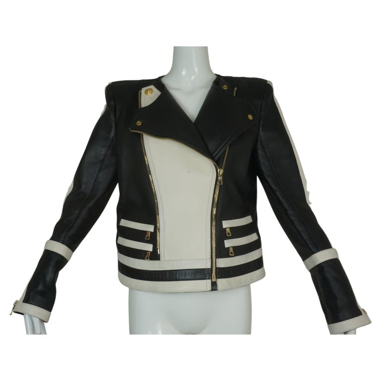 Balmain Color Block Leather Motorcycle Jacket For Sale at 1stDibs