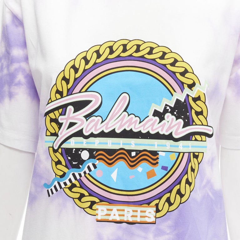 BALMAIN cotton purple tie dye Depuis 1945 logo 80's retro crew neck ...