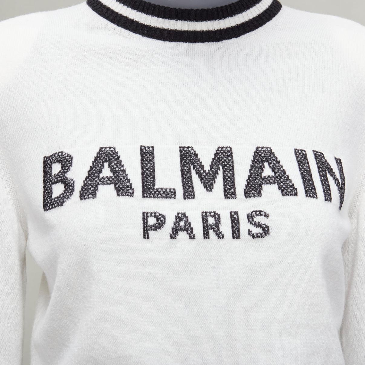 BALMAIN cream black wool cashmere logo padded shoulder sweater FR34 XS ...