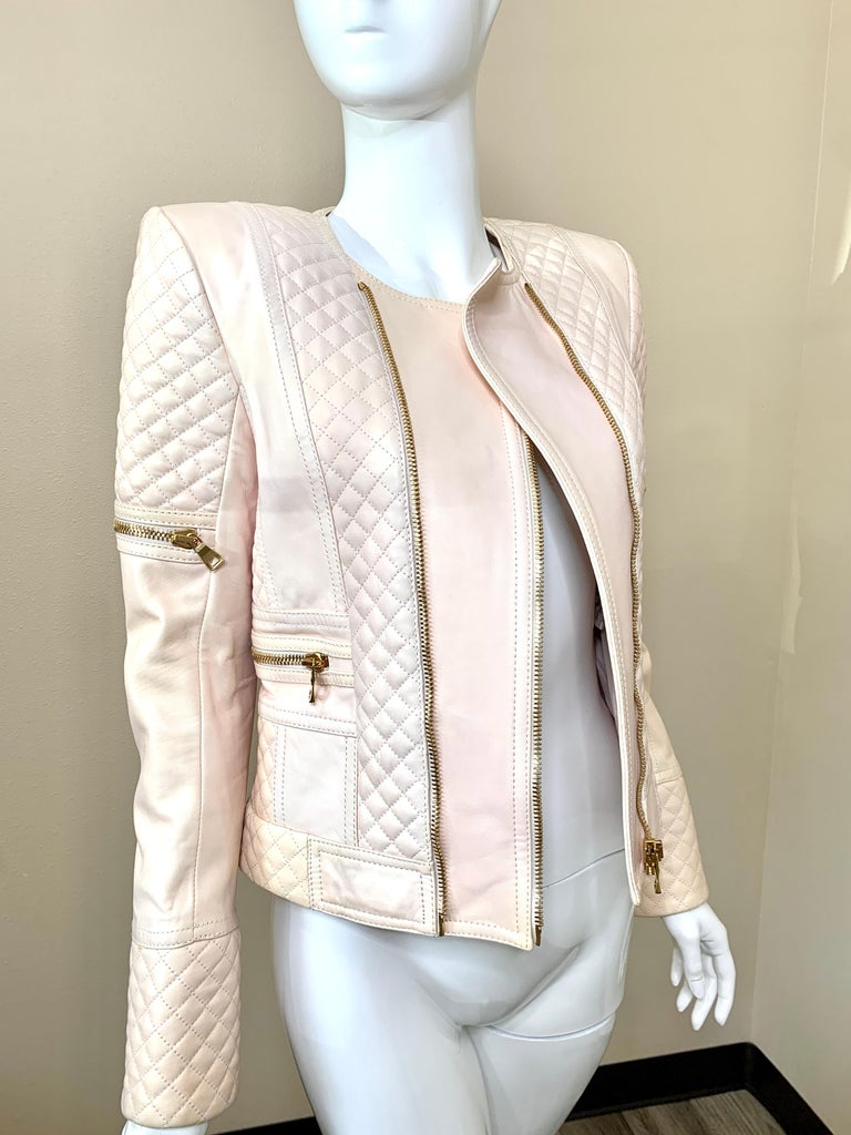 Balmain Cream Leather Moto Style Jacket Size 38 For Sale at 1stDibs