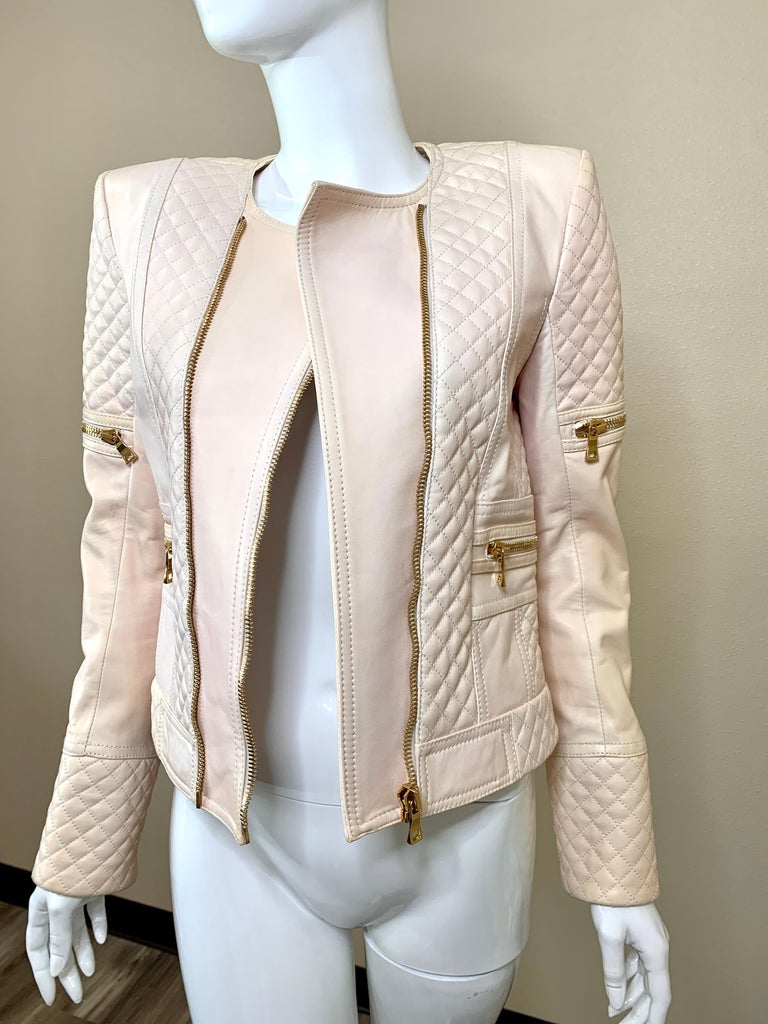 Balmain Cream Leather Moto Style Jacket Size 38 For Sale at 1stDibs