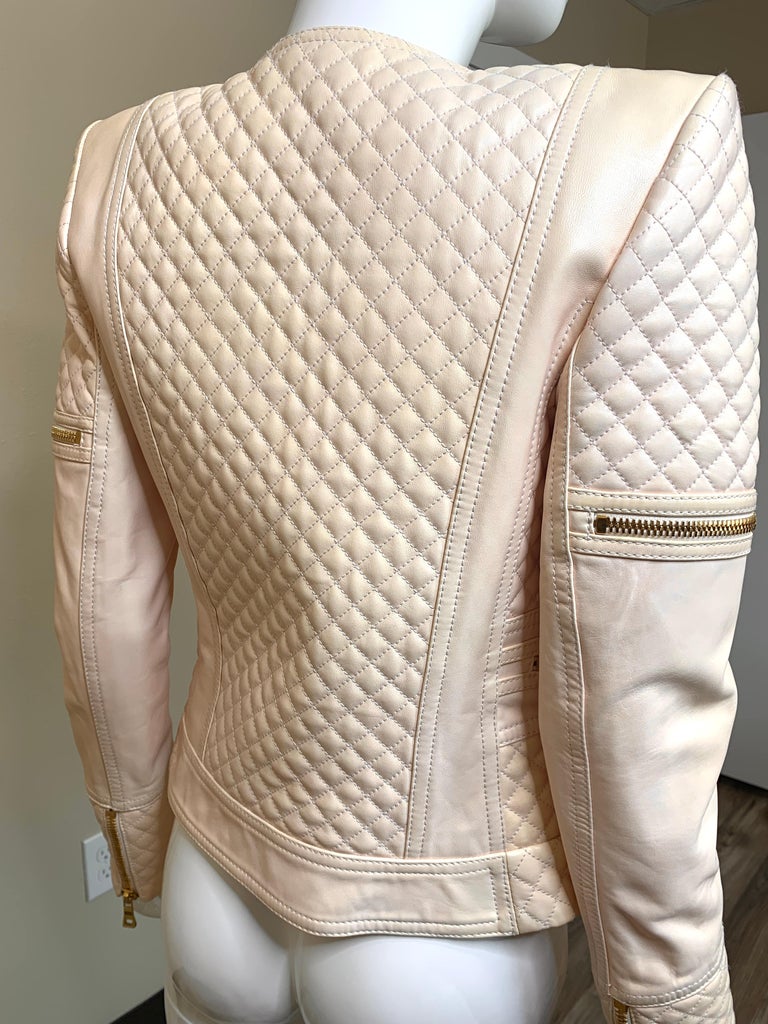 Balmain Cream Leather Moto Style Jacket Size 38 For Sale at 1stDibs