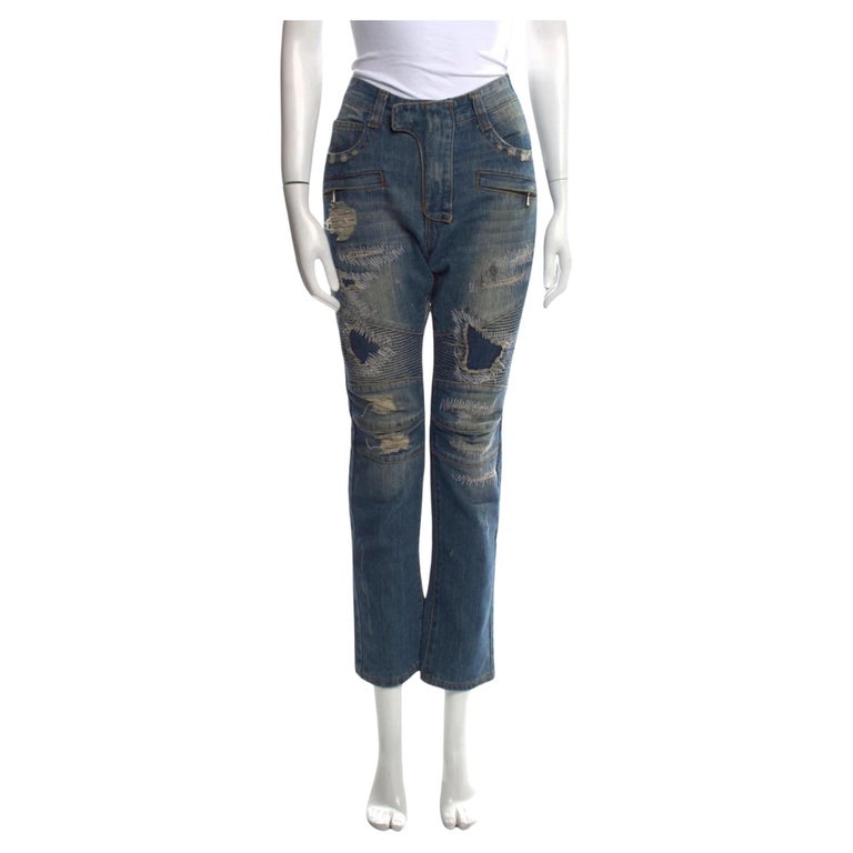 Balmain Distressed Mid-Rise Straight Leg Blue Jeans (US 30) For Sale at ...