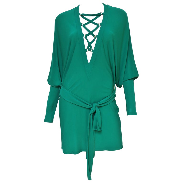 Balmain Emerald Green Lace up Plunge Dress at 1stDibs | balmain green dress