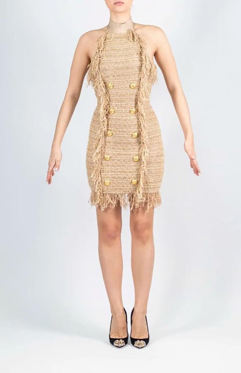 BALMAIN FRINGE DETAIL BEIGE MINI DRESS Sz FR 36 For Sale at 1stDibs
