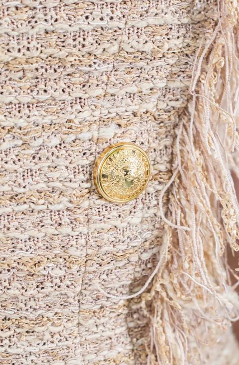 BALMAIN FRINGE DETAIL BEIGE MINI DRESS Sz FR 36 For Sale at 1stDibs