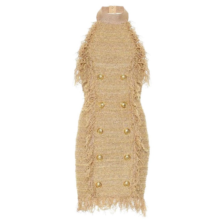 BALMAIN FRINGE DETAIL BEIGE MINI DRESS Sz FR 36 For Sale at 1stDibs