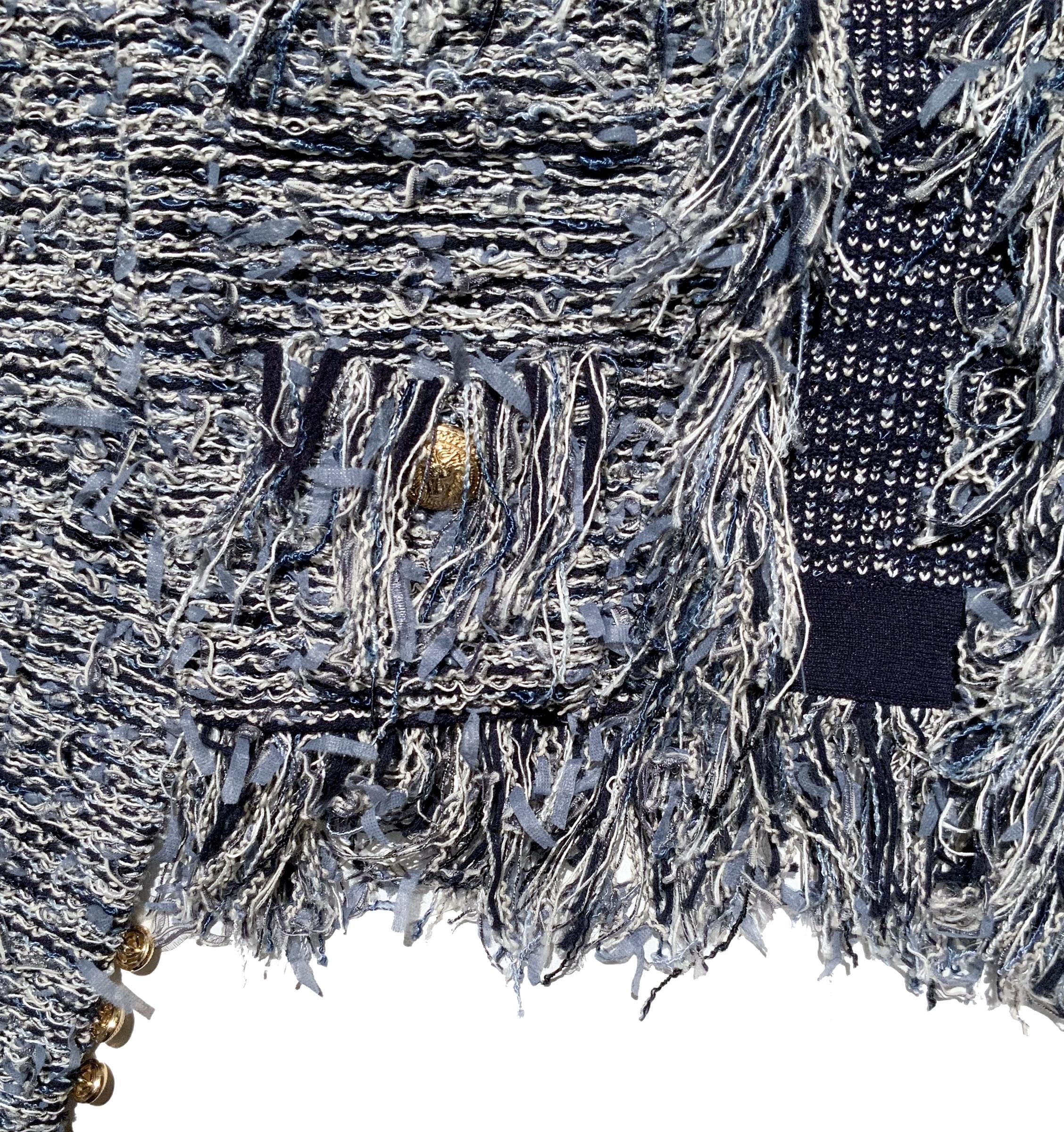 Balmain Fringed Blue Tweed Jacket at 1stDibs