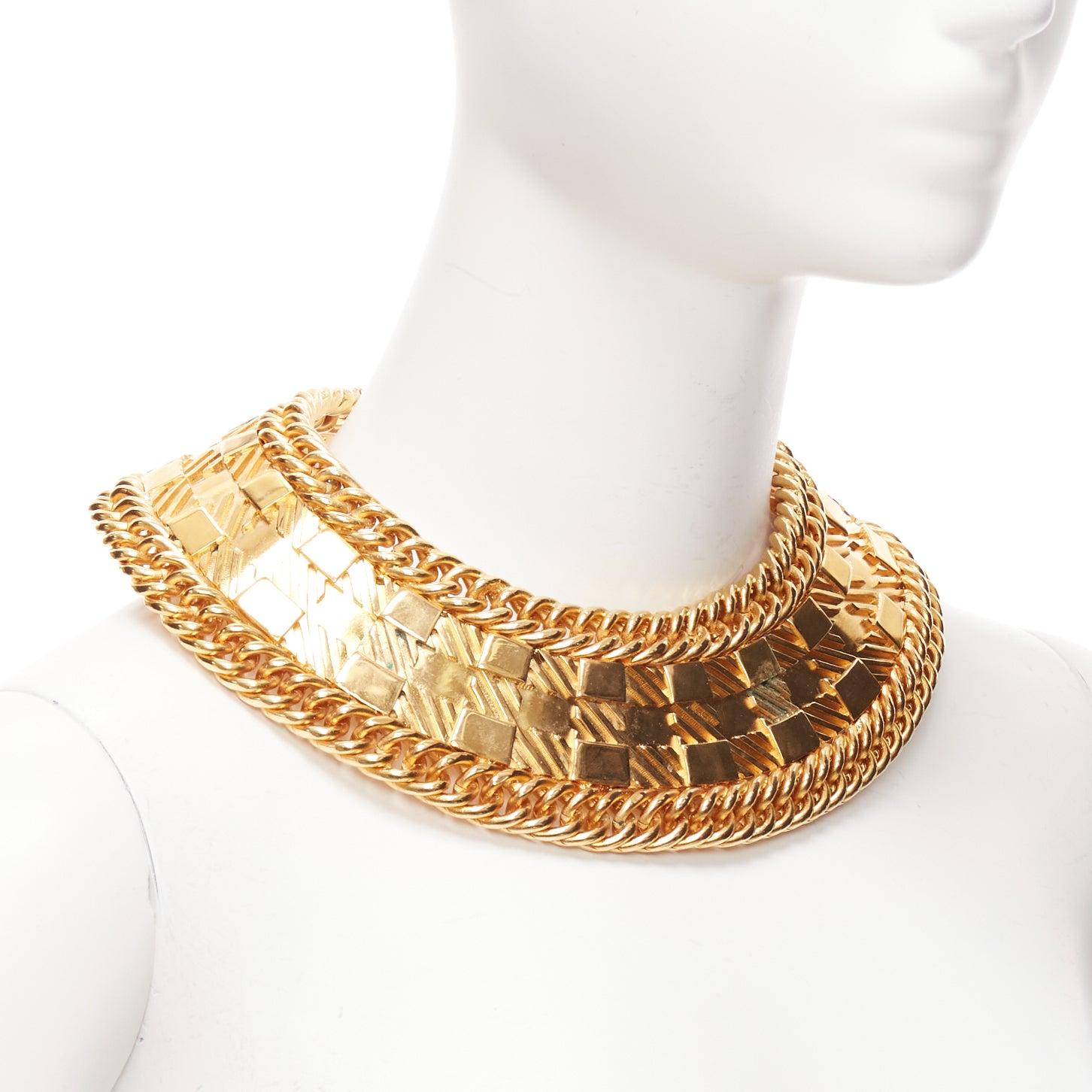 BALMAIN gold 3D checkered chain heavy metal choker plate necklace For ...