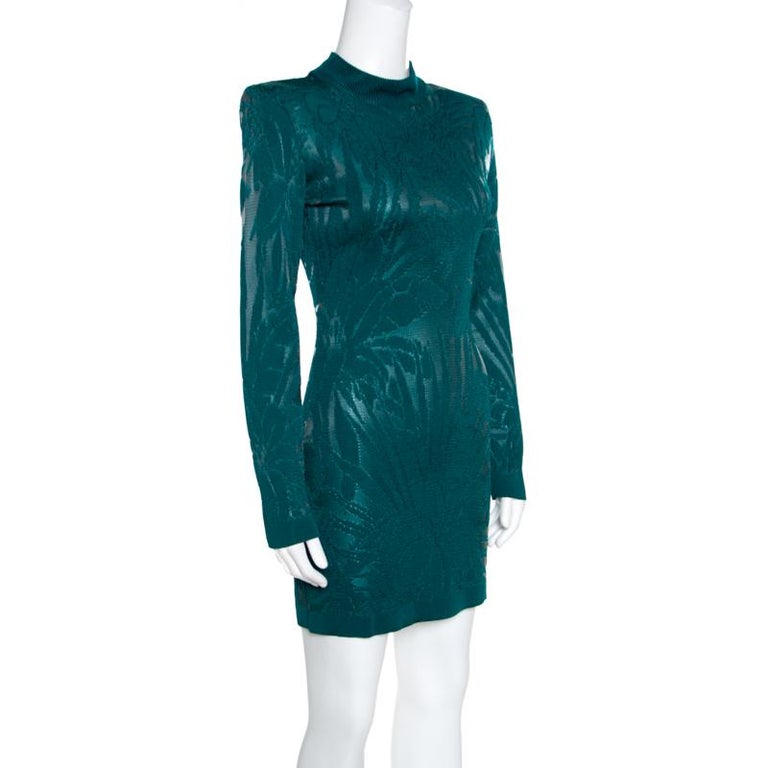 Balmain Green Floral Jacquard Knit High Neck Power Shoulder Mini Dress ...