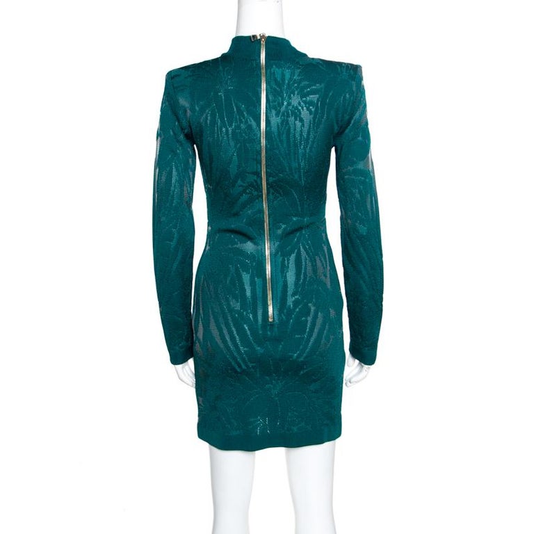 Balmain Green Floral Jacquard Knit High Neck Power Shoulder Mini Dress ...