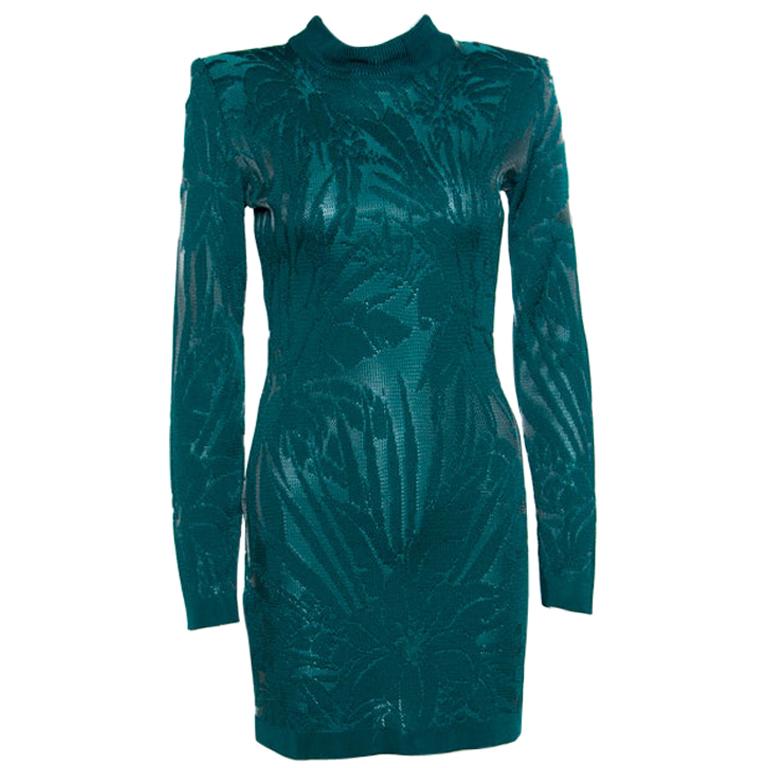 Balmain Green Floral Jacquard Knit High Neck Power Shoulder Mini Dress ...