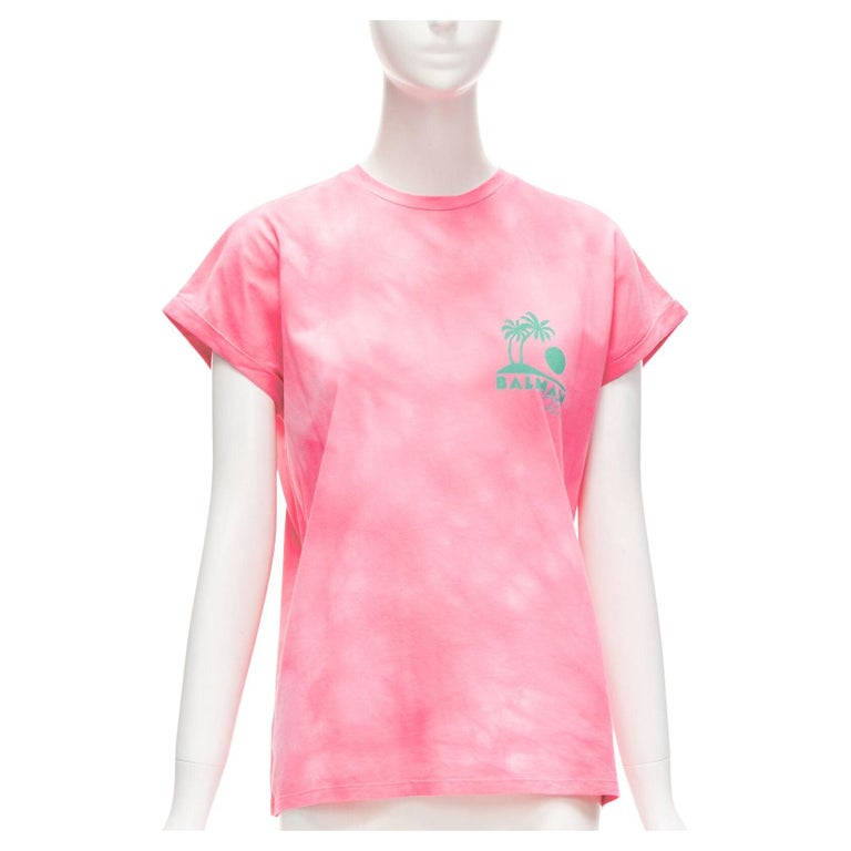 BALMAIN green palm tree logo pink tie dye crew neck cap sleeves tshirt ...