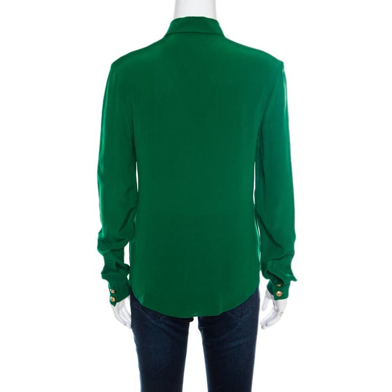 Balmain Green Silk Gold Button Detail Long Sleeve Classic Shirt M For ...