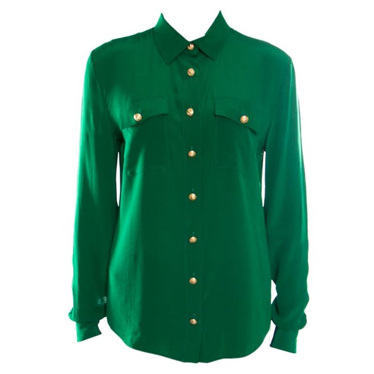 Balmain Green Silk Gold Button Detail Long Sleeve Classic Shirt M For ...