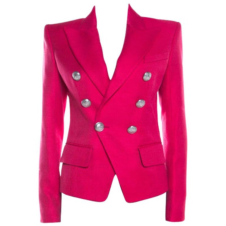 Balmain Hot Pink Basketweave Textured Double Breasted Blazer S For Sale ...